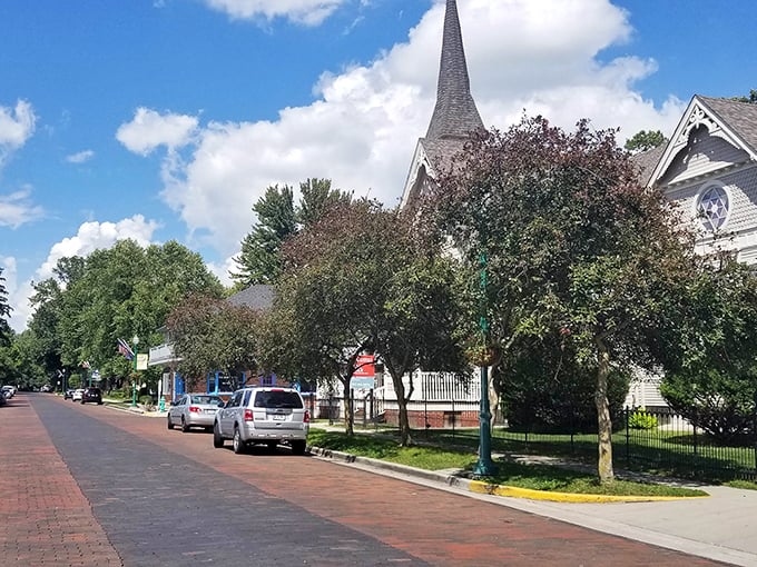 Brick-paved streets that make every drive feel special, like rolling over history with modern comfort.