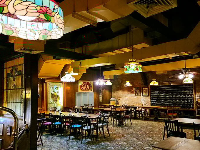 The dining room doesn't just have character—it has an entire cast. Those colorful lamps hanging from the ceiling are like jellyfish in an ocean of pasta possibilities.