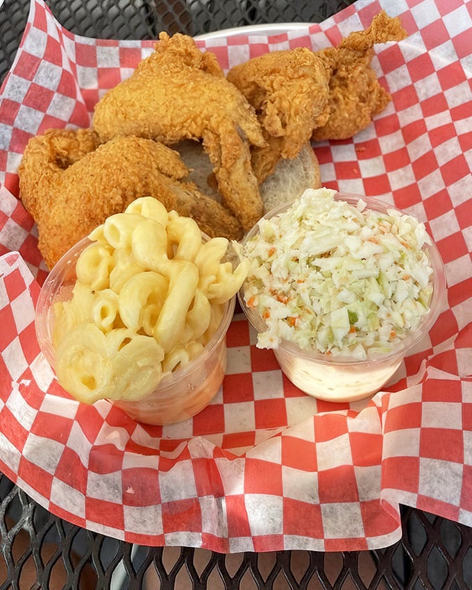 This isn't just fried chicken—it's edible art. The mac and cheese and coleslaw aren't sides; they're supporting actors in a culinary masterpiece.