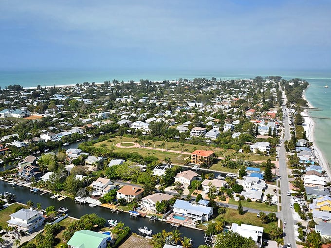 From above, Anna Maria reveals its secret – a perfect balance of water, land, and just enough civilization to keep your coffee hot.