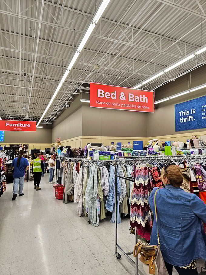 The Bed & Bath section: where Egyptian cotton dreams meet budget-friendly reality under the bright fluorescent lights.
