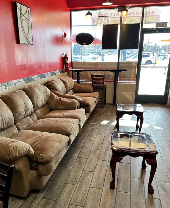 The couch corner offers a living room vibe for those who want to linger. Comfort food deserves comfortable seating—it's just science.
