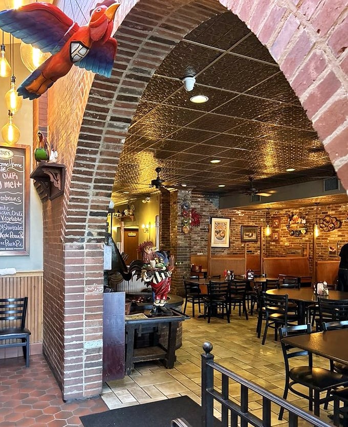 Architectural details that remind you this place has history. That colorful parrot seems to be saying "Yes, the chicken really is that good."