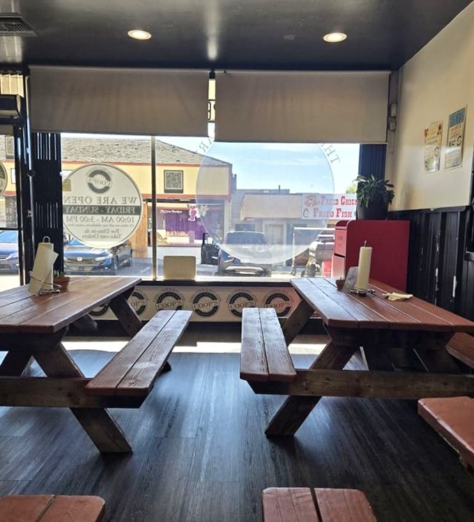 A quiet moment before the storm—these tables will soon host the happy silence that only truly great barbecue can inspire.