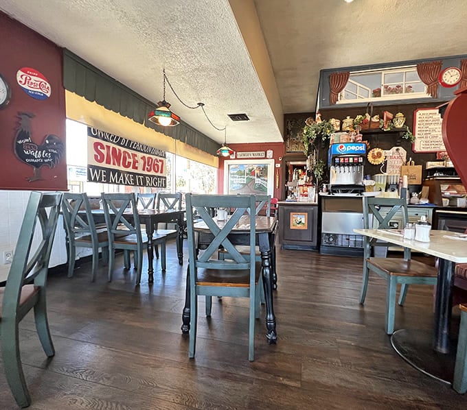 Another view of the dining room, where blue chairs and wooden tables have hosted countless happy meals and "mmm" moments.
