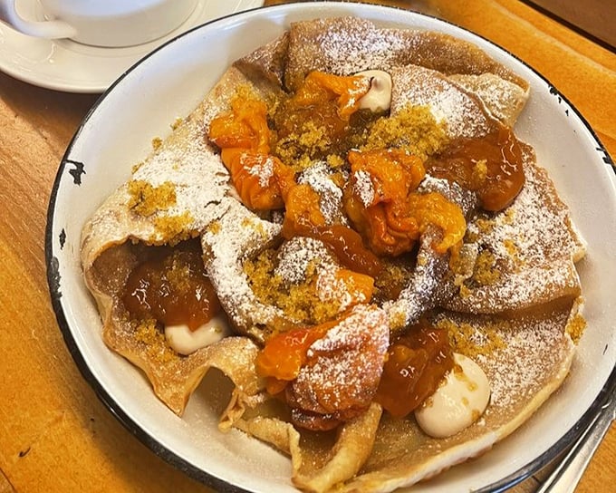A sweet crepe that's dressed for success with apricot compote and powdered sugar—proof that plant-based desserts can be both elegant and indulgent.