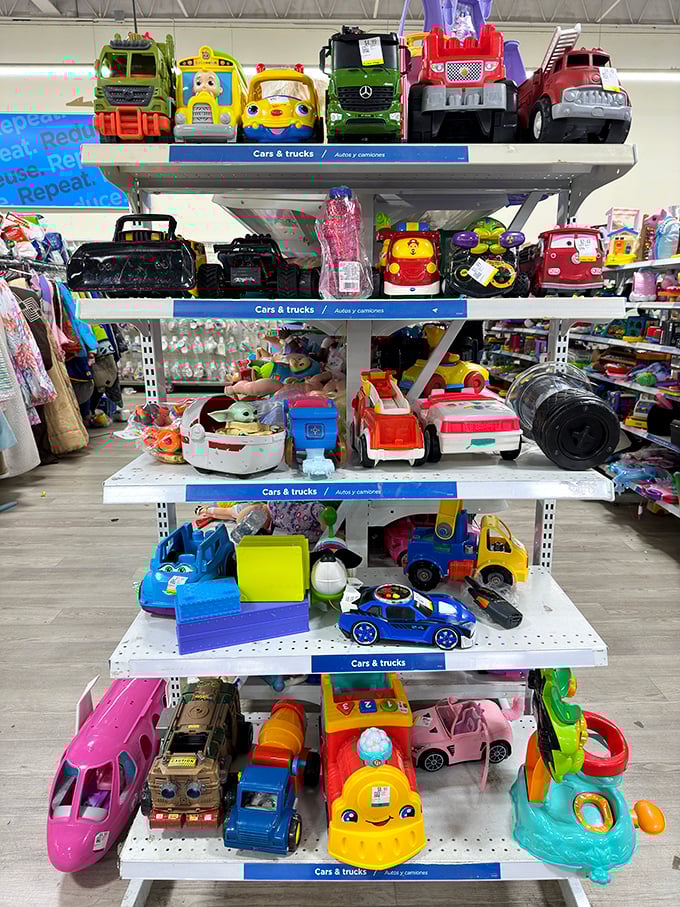Toy trucks waiting for their next adventure, proving that imagination doesn't require batteries or a Wi-Fi connection to function.