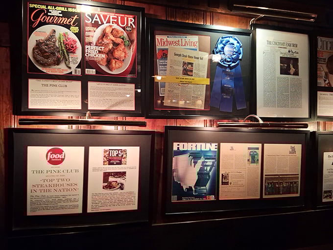Wall-mounted accolades tell the story – this isn't just a local favorite but a nationally recognized temple to the art of steak.