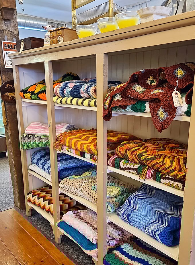 Grandma's crochet skills on full display—these handmade afghans represent thousands of hours of love, craftsmanship, and 1970s television watching.