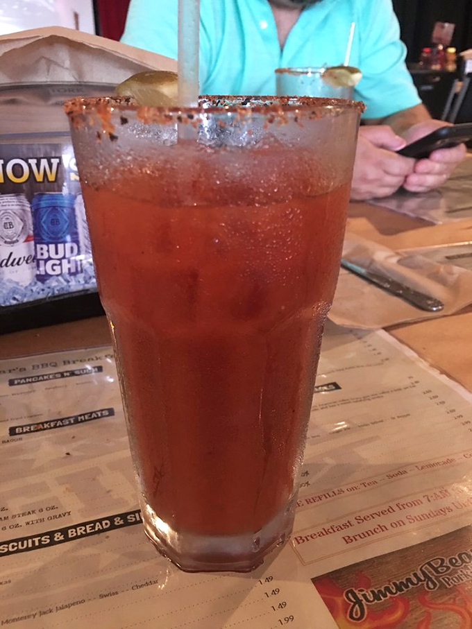 A Bloody Mary with a spicy rim that says, "Yes, day drinking is acceptable when BBQ is involved."