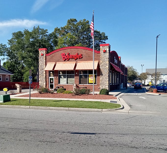 Even fast food gets the Southern treatment in Kinston, with Bojangles' brick-and-stone façade looking almost dignified. Biscuits with architectural ambition. 