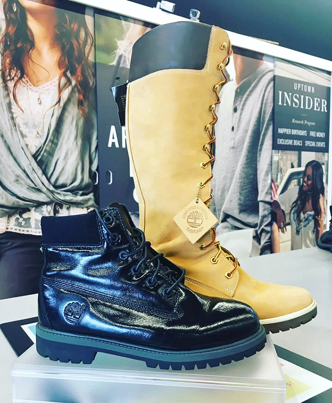 Timberland boots standing tall like fashion soldiers. One metallic, one classic—both ready to march into your closet at secondhand prices.