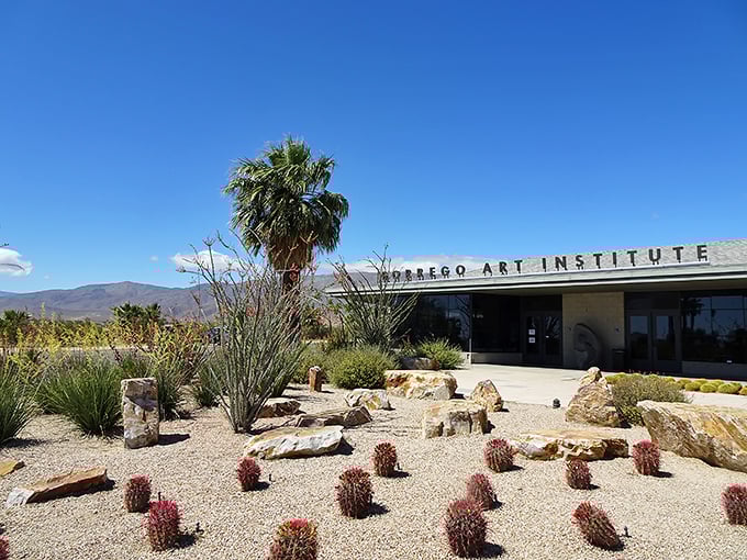 The Borrego Art Institute stands as civilization's outpost in the wilderness, where air conditioning becomes a religious experience.