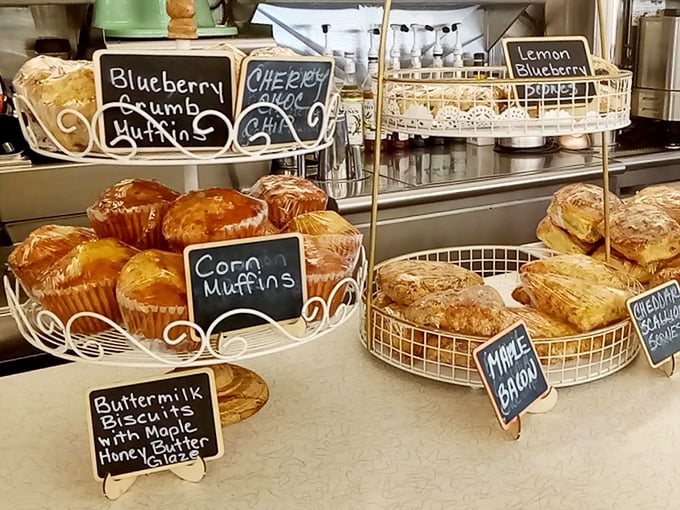 Pastry paradise awaits with handwritten signs promising sweet treasures. Those muffins aren't just baked—they're architectural achievements with streusel rooftops.