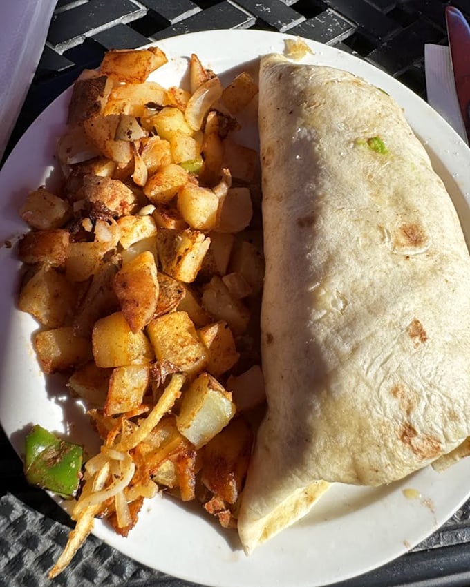 Breakfast burritos: where size definitely matters. This tortilla-wrapped treasure with crispy potatoes could fuel a morning surf session or cure any hangover.