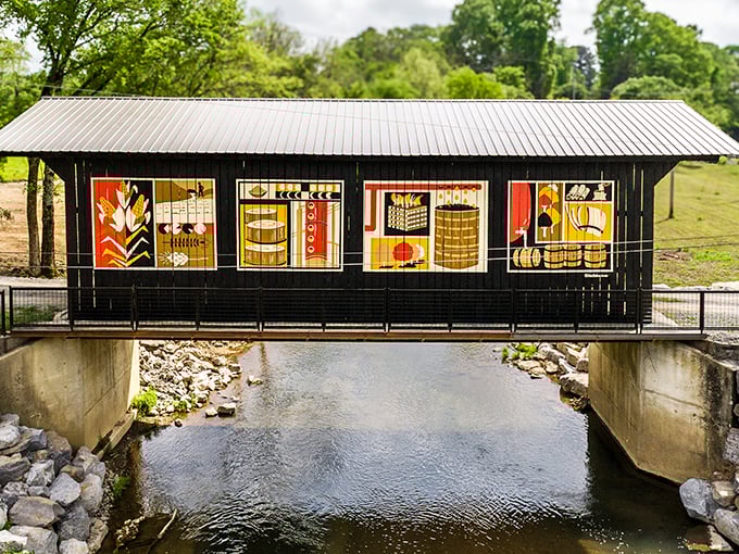 This artistic covered bridge spans more than just water. The colorful panels depicting whiskey-making traditions connect Lynchburg's past with its present.