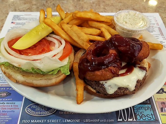 This burger with bacon and BBQ sauce doesn't just satisfy hunger—it negotiates a peace treaty with it.