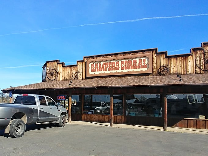 Camper's Corral embodies Northern California's outdoor spirit with its rustic wooden façade—because adventure supplies just feel more authentic when purchased under wagon wheels.