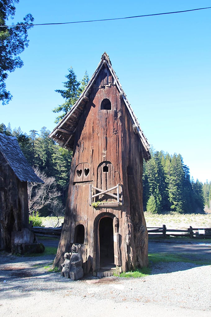 Fairy tales come to life in this whimsical redwood creation. The Three Bears would upgrade their cottage for this woodland masterpiece.