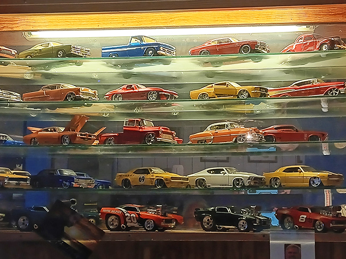 A collection of model cars that would make any enthusiast's heart race. This display case tells you the owner's passion extends beyond perfect steaks.