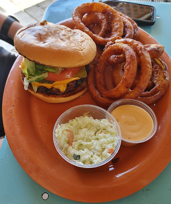 The all-American classic done right—a juicy cheeseburger with those glorious onion rings that somehow manage to be both crispy and tender at once.