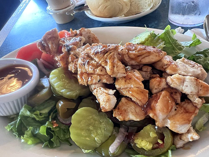 This BBQ chicken salad brilliantly balances virtue and indulgence – fresh greens and grilled chicken with enough pickles to keep things interesting.