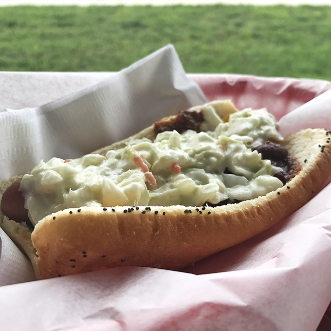 The Chili Cheese & Slaw Dog represents the holy trinity of comfort food done absolutely right.