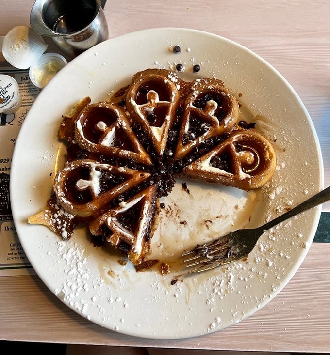 This Belgian waffle clearly went to design school – geometric perfection with chocolate chips that melted in all the right places.