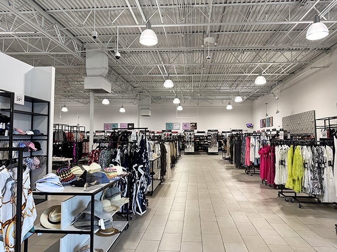 Inside the stores, retail paradise awaits with endless racks of possibility. The bright lighting is intentional—it keeps you alert for those hidden bargains.
