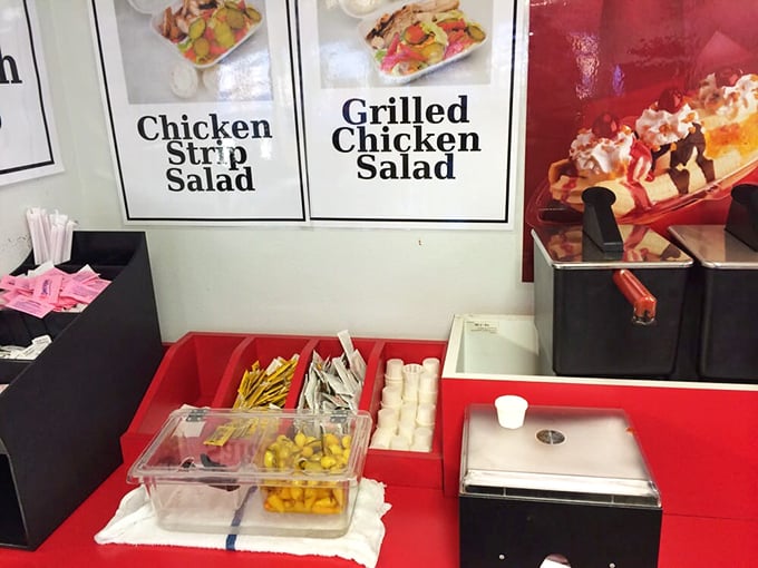 The condiment station—where your burger destiny lies in your own hands. Choose wisely, my friend.