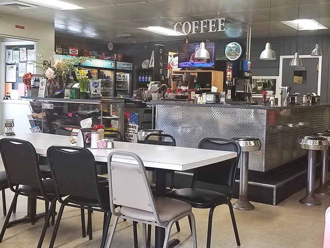 The stainless steel counter gleams like a beacon for hungry travelers—a silver lining to any road trip through Pennsylvania.
