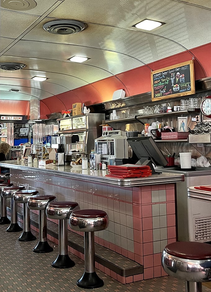 The counter where magic happens—coffee stays hot, pie slices appear, and friendly banter is always on the menu. No reservations required.