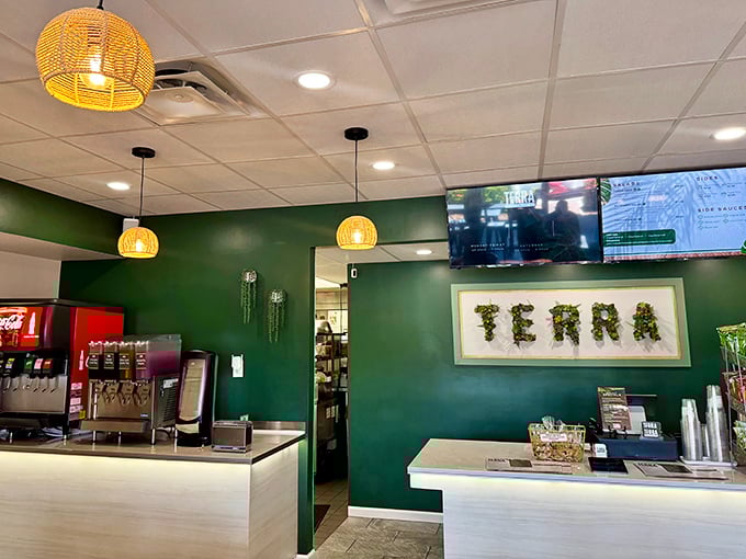 The emerald wall and natural wood create Terra's signature look – like dining in a stylish friend's kitchen who happens to make incredible sandwiches.