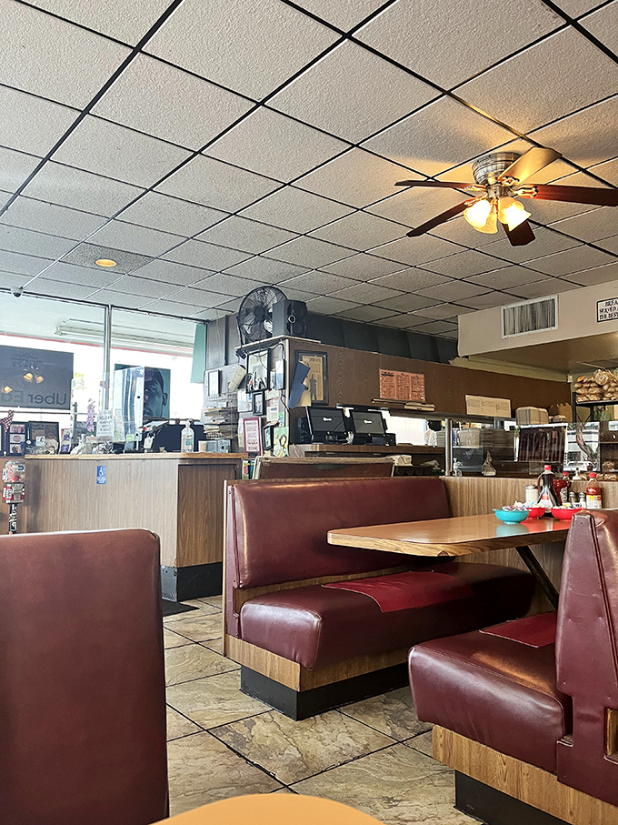 Classic diner counter seating—where solo diners become temporary neighbors and the coffee cup is never empty for more than thirty seconds.