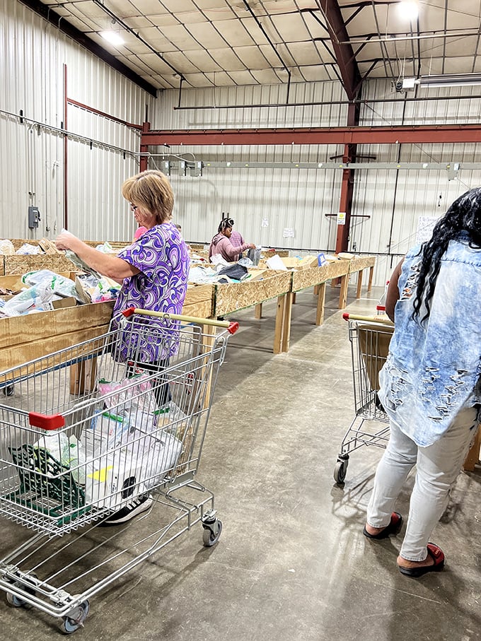 Serious shoppers navigate the aisles with practiced precision, carts at the ready for that perfect find hiding in plain sight.