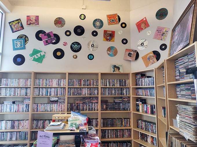 The media wall: where vinyl records and DVDs create a nostalgic timeline of entertainment history, punctuated by album art that doubles as décor.