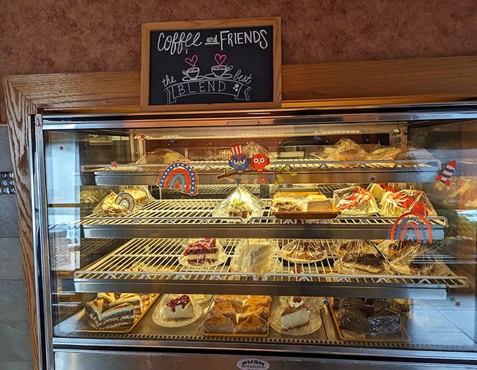 The dessert case – where willpower goes to die and happiness begins. Each treat practically whispers, "Diet tomorrow, indulge today."
