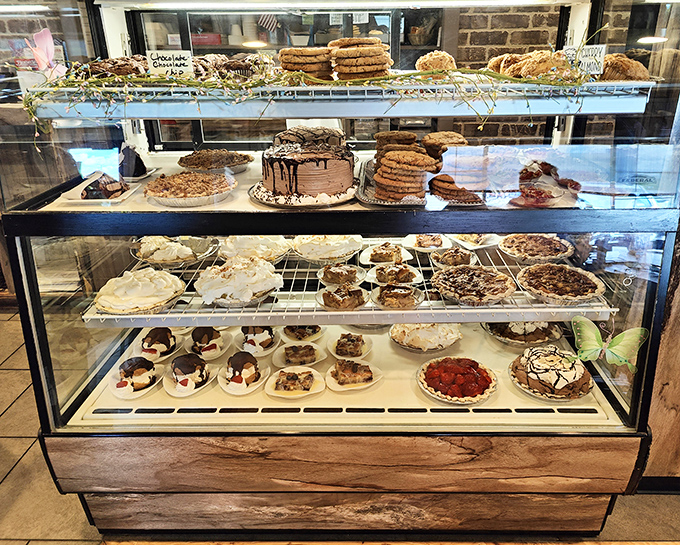 The dessert case – a glass museum of temptation where willpower goes to die. Each shelf tells a different sweet story.