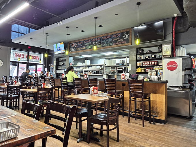 Simple wooden tables, practical chairs, and zero pretension—just the right setting for food that doesn't need fancy surroundings to shine.