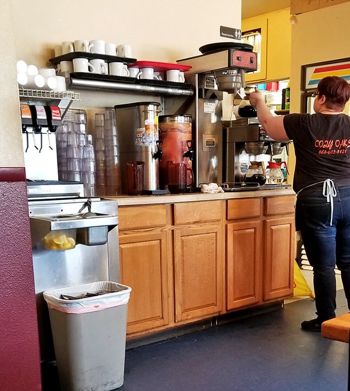 The drink station—where sweet tea flows like liquid sunshine and coffee is always fresh. The backbone of any respectable Florida diner.