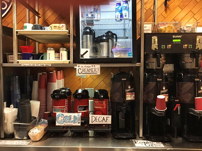 The coffee station—where morning transformations begin and the magical elixir that turns grumpy humans into functioning members of society flows freely. 