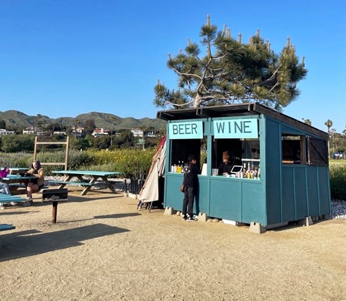 The "BEER | WINE" shack proves that The Jolly Oyster understands the fundamental equation: great seafood + cold beverages = perfect California afternoon.