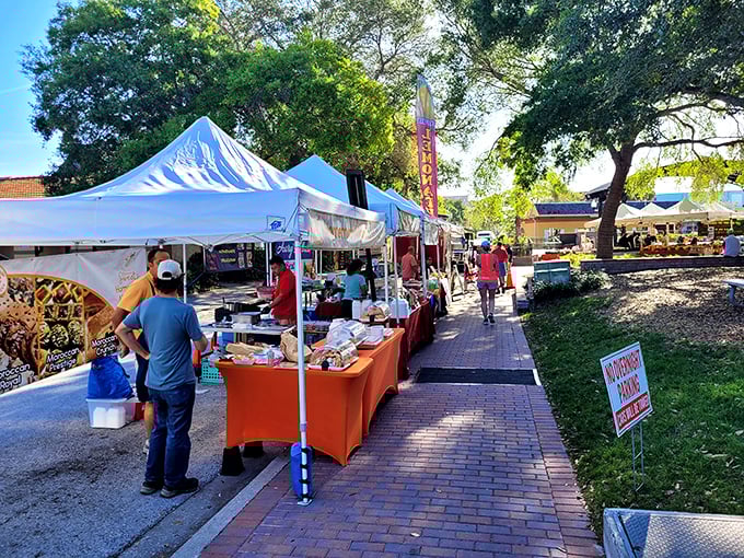 Market day magic! Local vendors transform this brick pathway into a foodie's paradise where "shopping local" becomes your new vacation mantra.