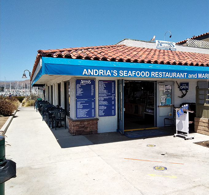 The entrance to seafood paradise, where that blue trim and Spanish roof say, "Come in, we've got what you're craving."
