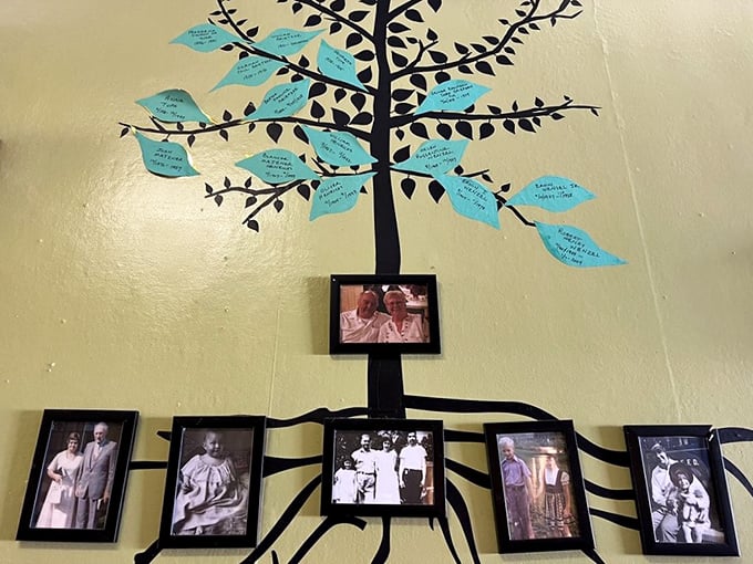The family tree wall—where photographs tell stories of generations who probably also argued about who makes the best pancakes.