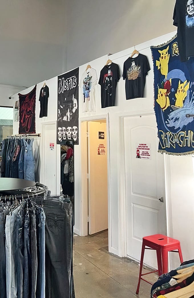 Wall art meets wearable art – vintage band tees and pop culture tapestries transform this corner into a museum of cool you can actually afford.