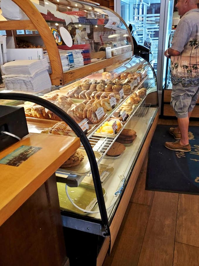 Pastry heaven behind glass—where willpower goes to die and vacation calories don't count. Each shelf offers a different path to happiness, all equally justified.