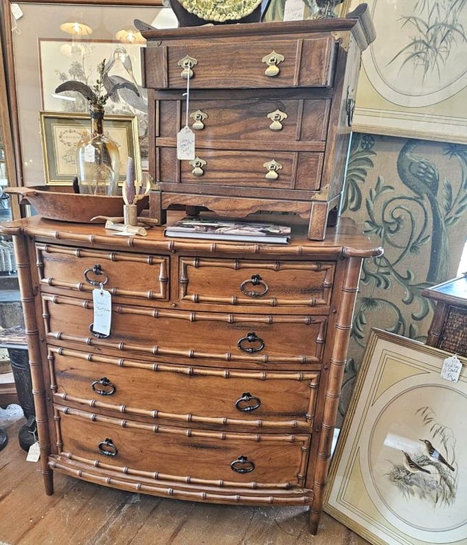 This bamboo-inspired chest of drawers isn't furniture—it's functional sculpture with drawers deep enough to hide your secrets or treasures.