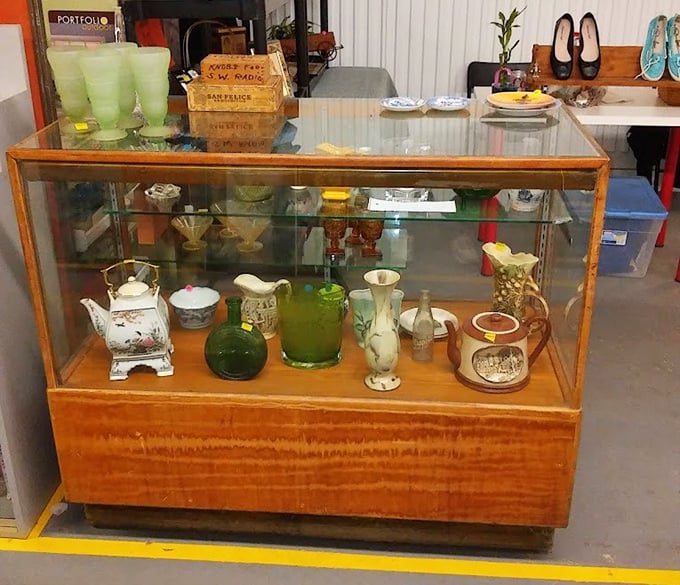 Vintage glassware and porcelain treasures displayed like museum pieces. Your grandmother would approve of these delicate finds.