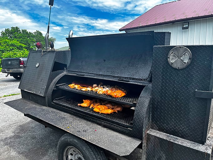 Blues legend B.B. King watches over the proceedings from the wall—because great barbecue and great music both require soul and perfect timing.